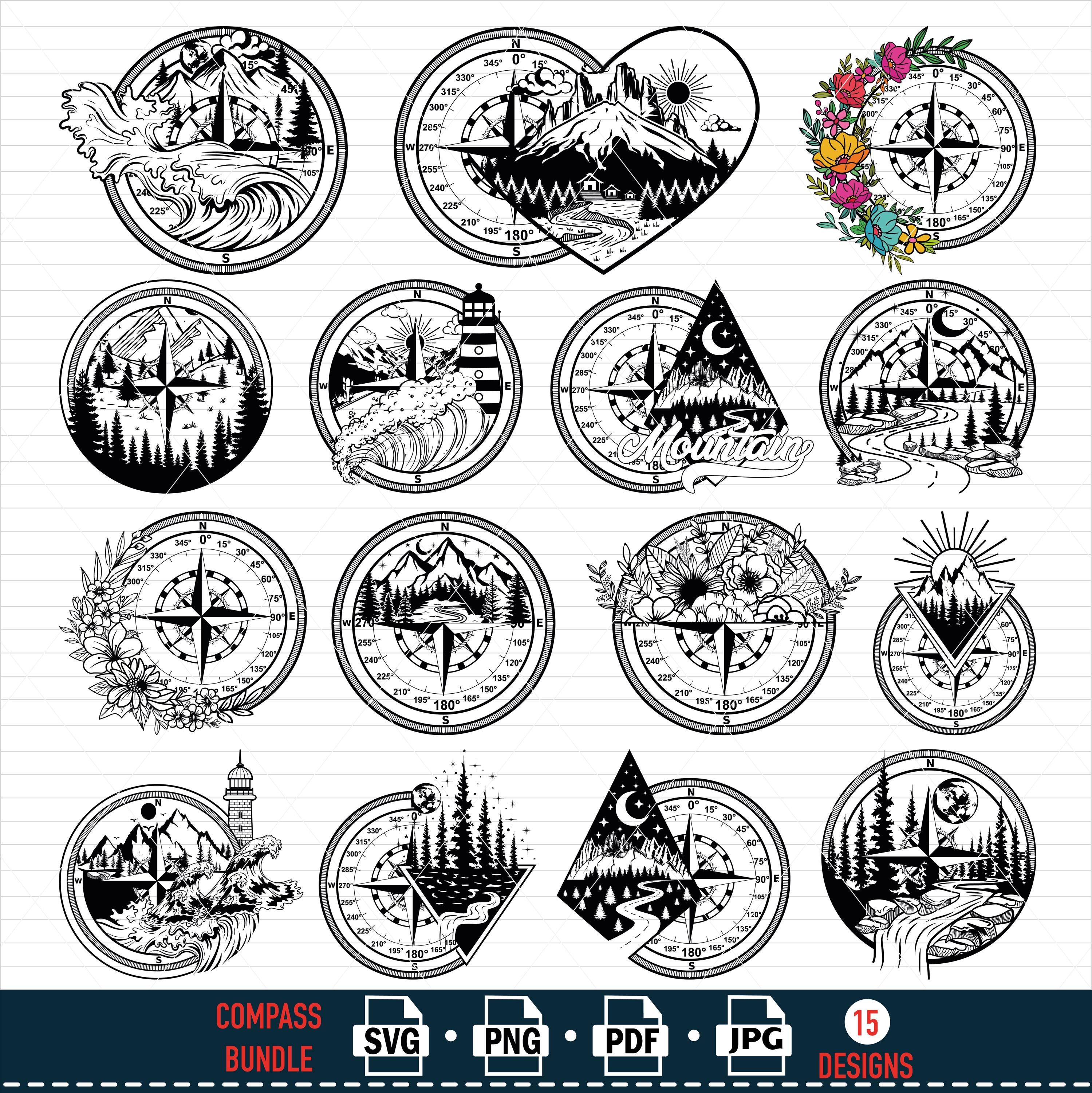 Compass Landscape SVG Bundle: Mountain Tattoo Clipart (digital Files ...