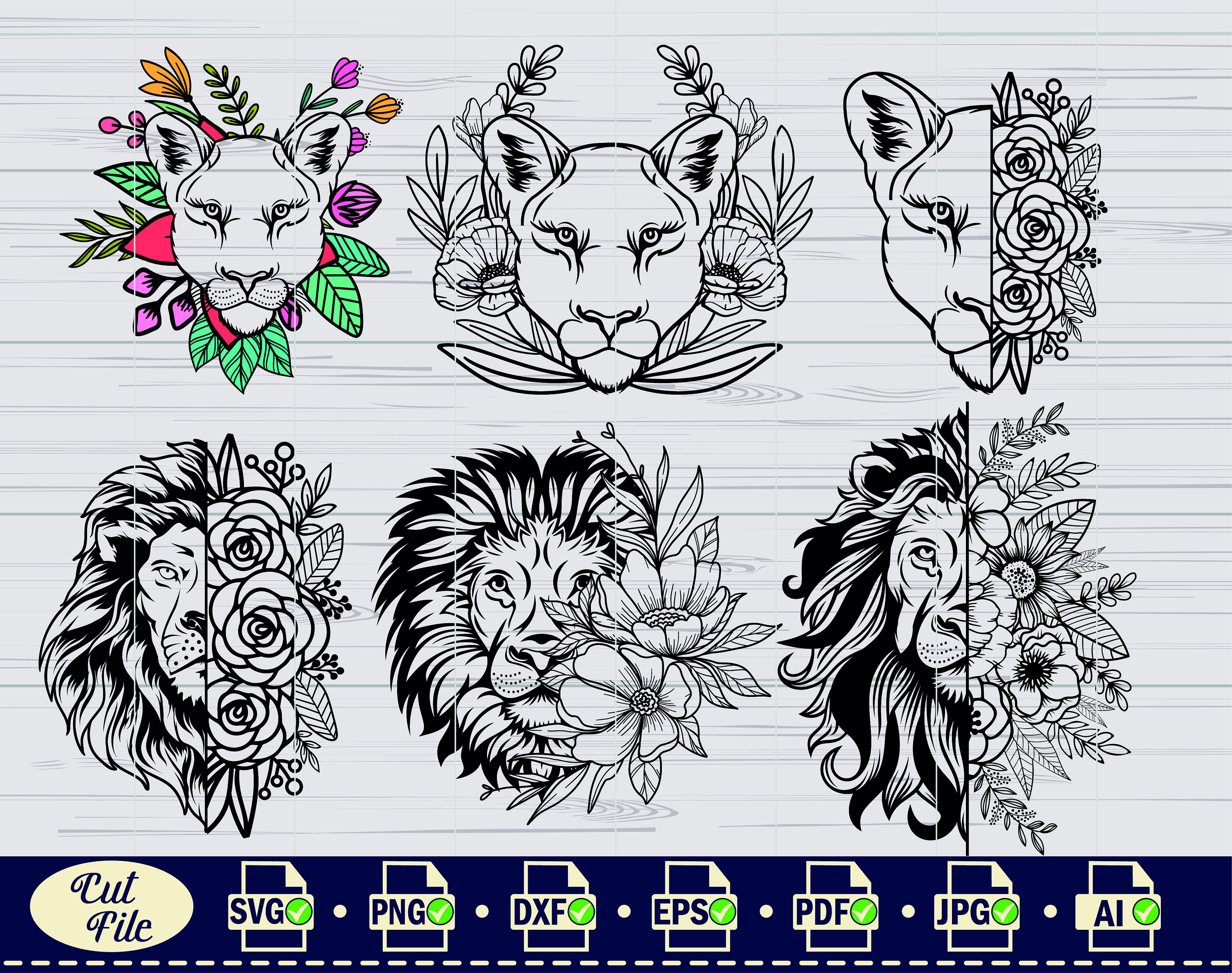 Archivo SVG de león 5 León con flores SVG León floral svg - Etsy México
