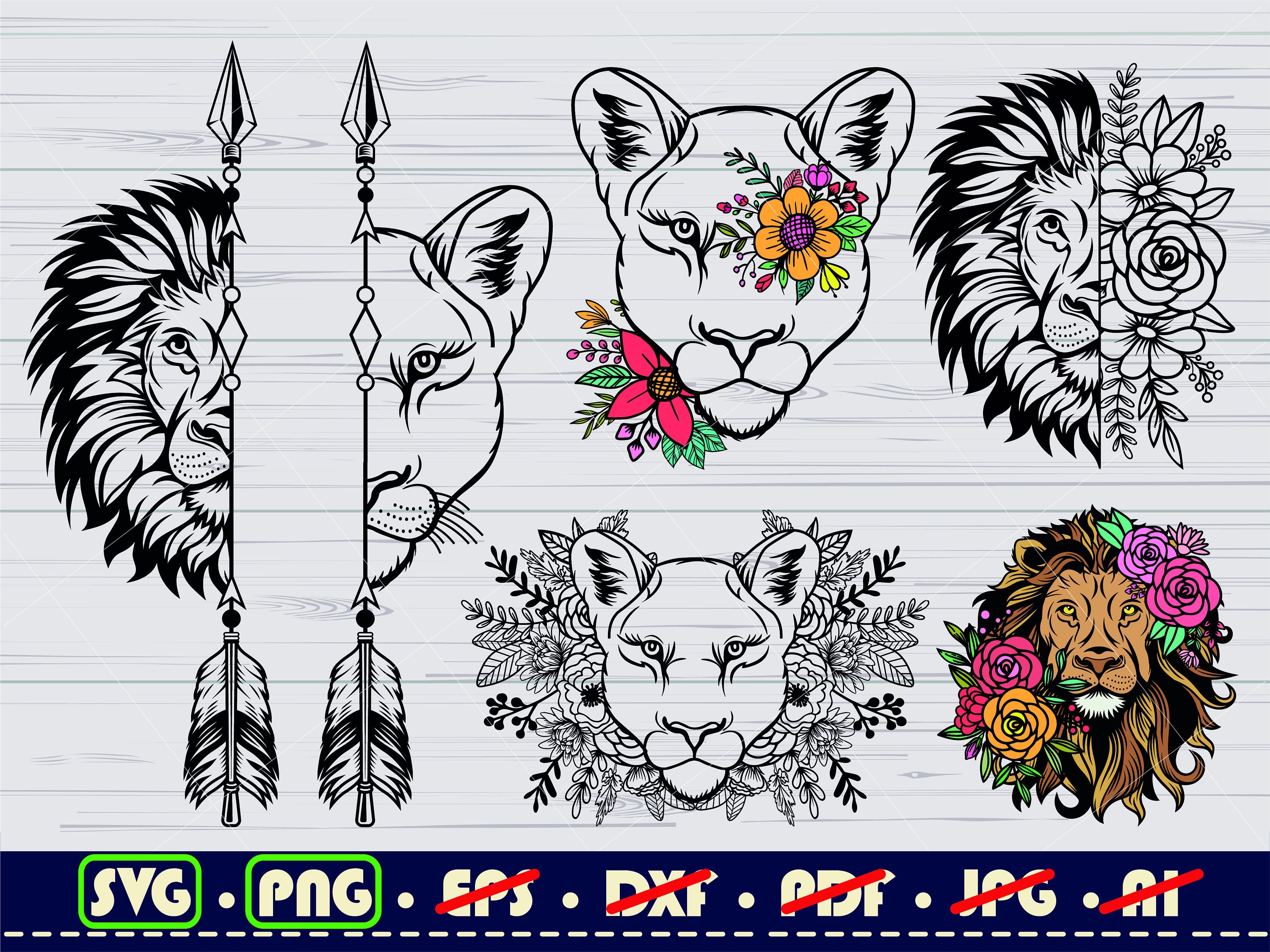 Lion SVG File 1 Lion With Flowers SVG King Lion Svg Half - Etsy UK