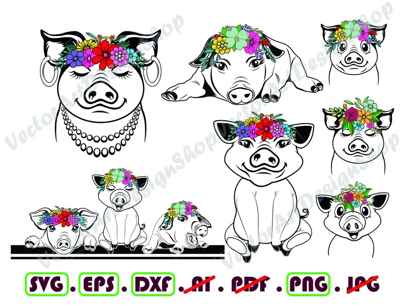 Schwein SVG-Datei 2 Schwein mit Blumenkrone SVG - Etsy.de