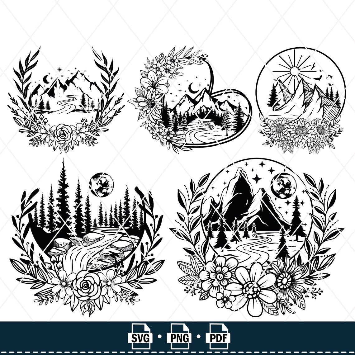 Mountain Landscape SVG Bundle: Floral Nature Clipart (digital Download ...