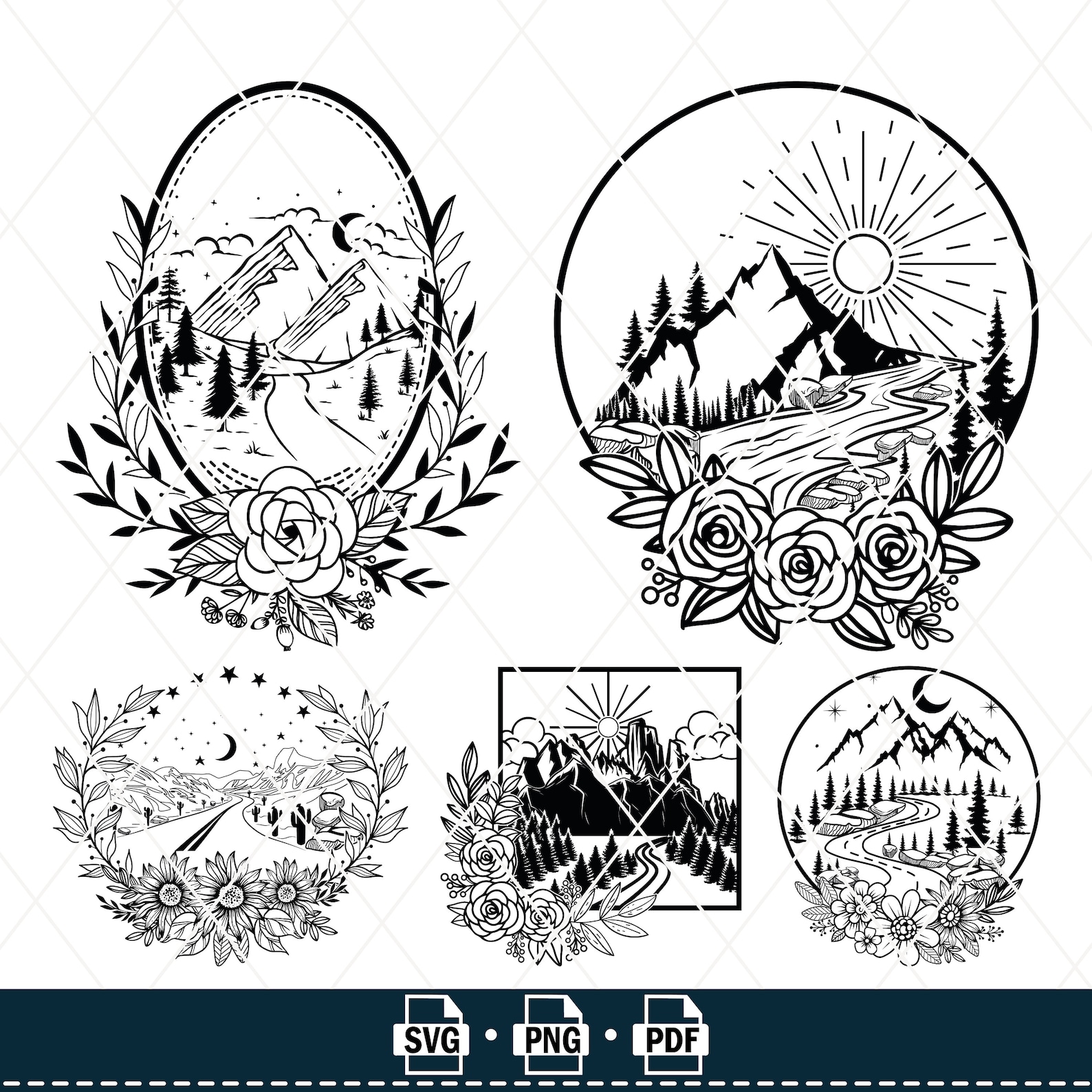 Mountain Landscape SVG Bundle: Floral Nature Clipart (digital Download ...