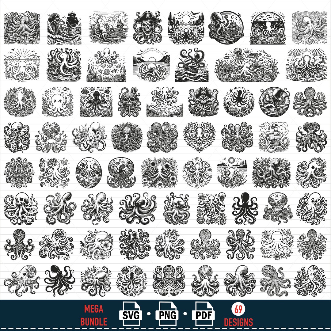 Floral Octopus SVG Mega Bundle: Sea Creature Clipart (PDF, PNG) - Etsy