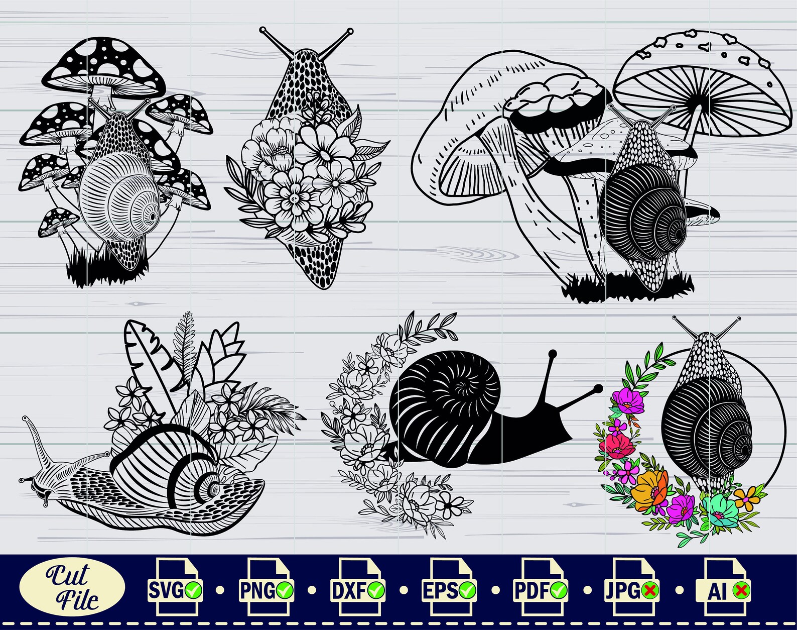 Floral Snail SVG Clipart: Mushroom Garden Cut Files (digital Download ...