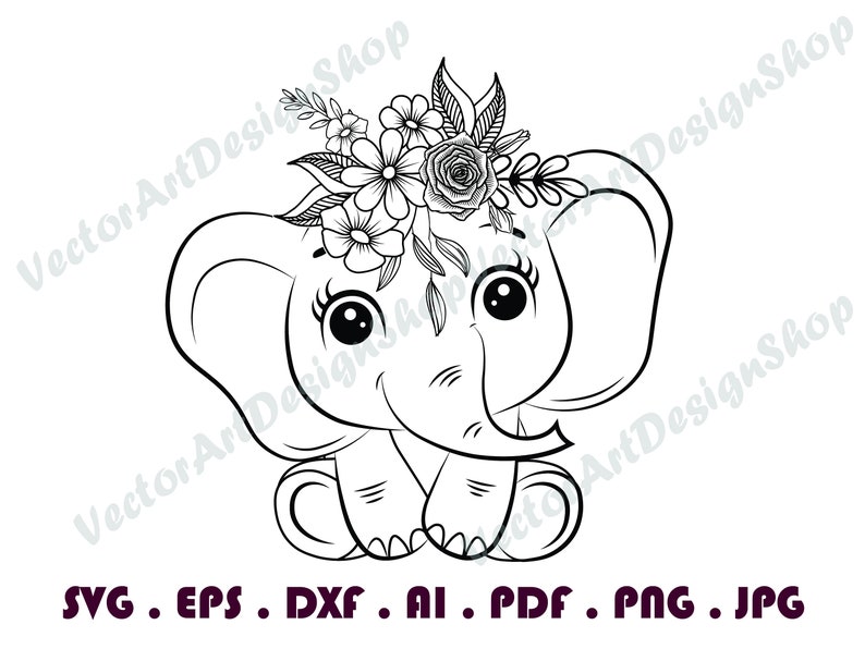 Cute Baby Elephant With Floral Flower Crown 1 Svg Funny - Etsy