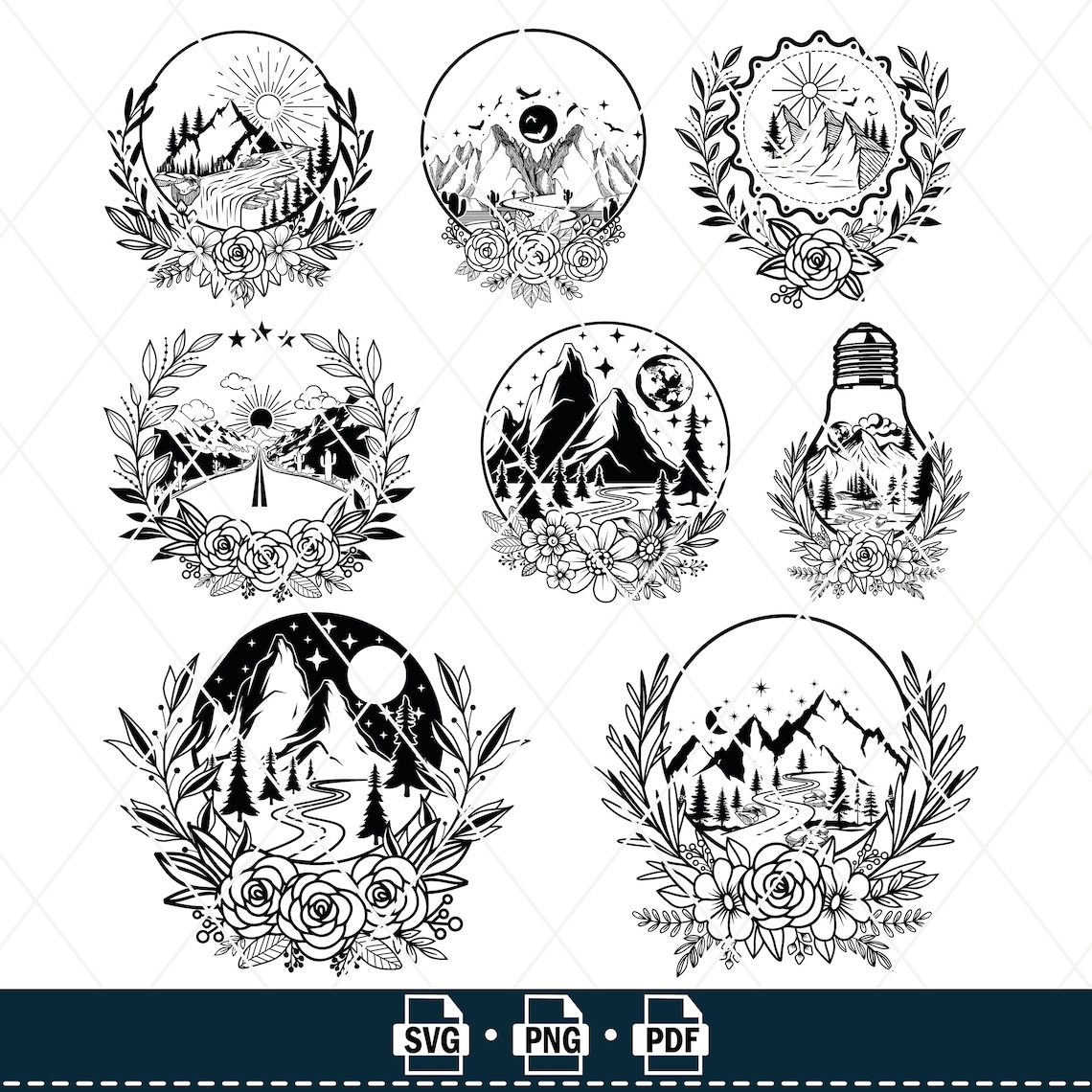 Mountain Landscape SVG Bundle: Floral Nature Clipart (digital Download ...