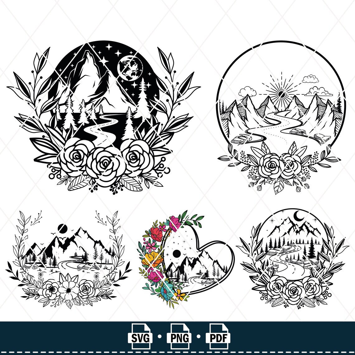Mountain Landscape SVG Bundle: Floral Nature Clipart (digital Download ...
