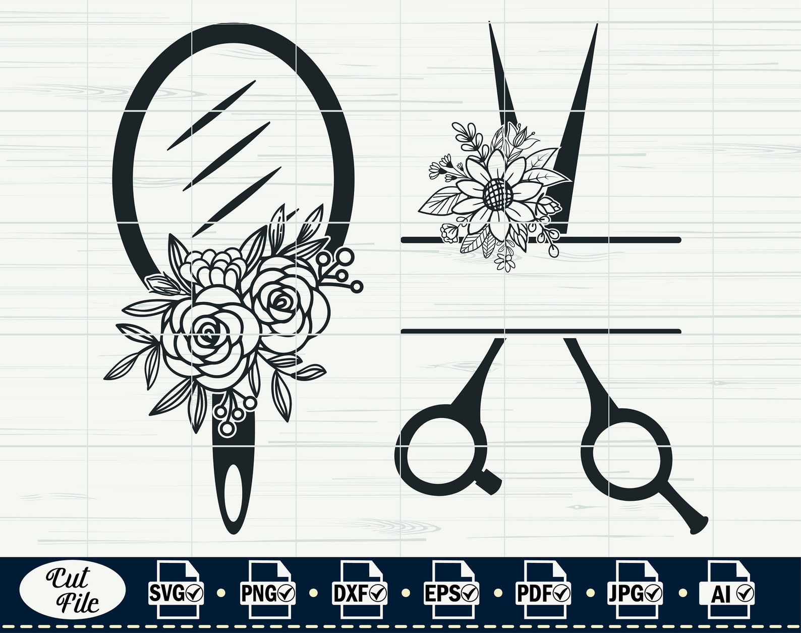 Floral Hair Scissors SVG: Hairdresser Clipart, Barber Tools (digital ...