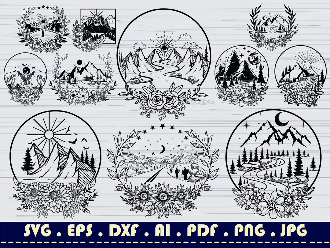Berg svg Natur Landschaft Svg Berg Clipart Mond svg Blumen - Etsy.de