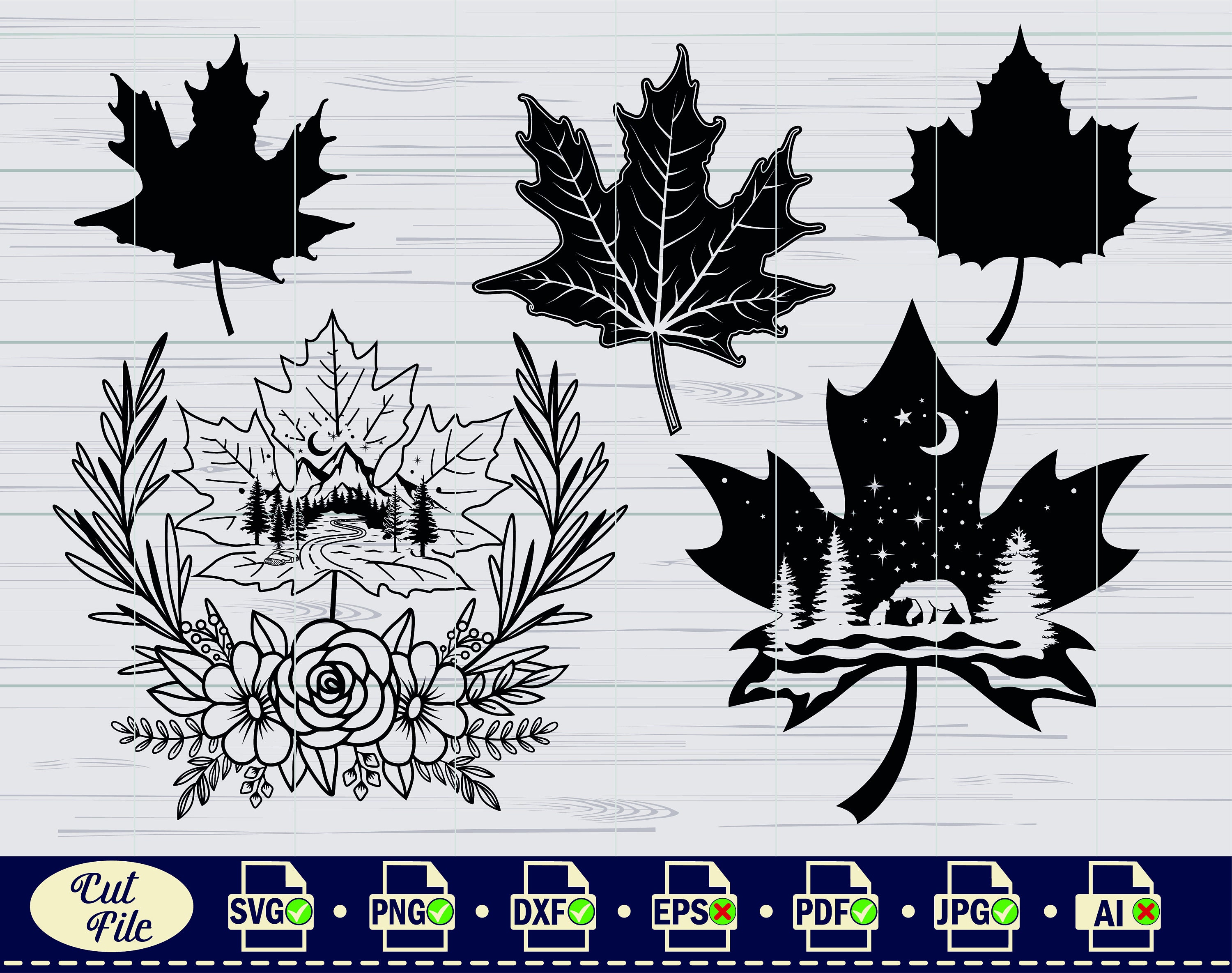 Maple Leaf Outline SVG Bundle: Autumn Clipart, Cricut Silhouette Cut ...