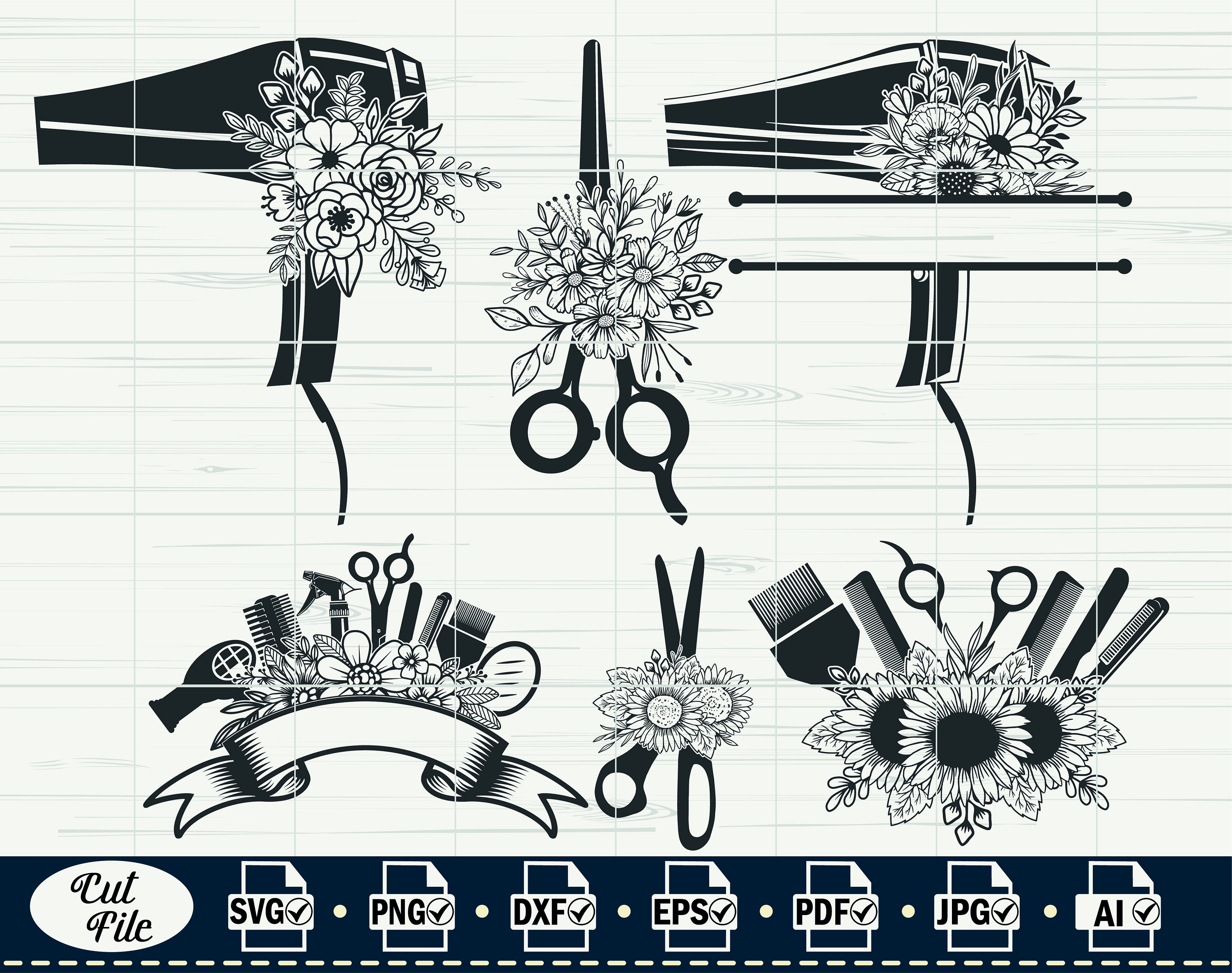 Floral Hair Scissors SVG Bundle: Hairstylist Clipart (digital Download ...