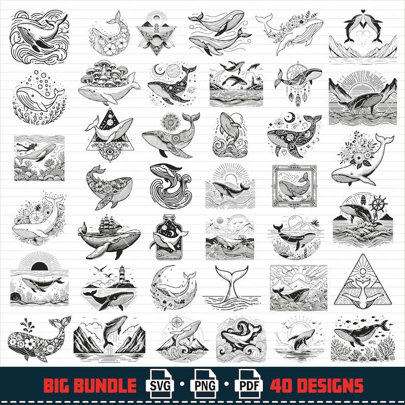 Whale SVG Bundle: Floral, Mushroom, Ocean Designs (digital Files) - Etsy