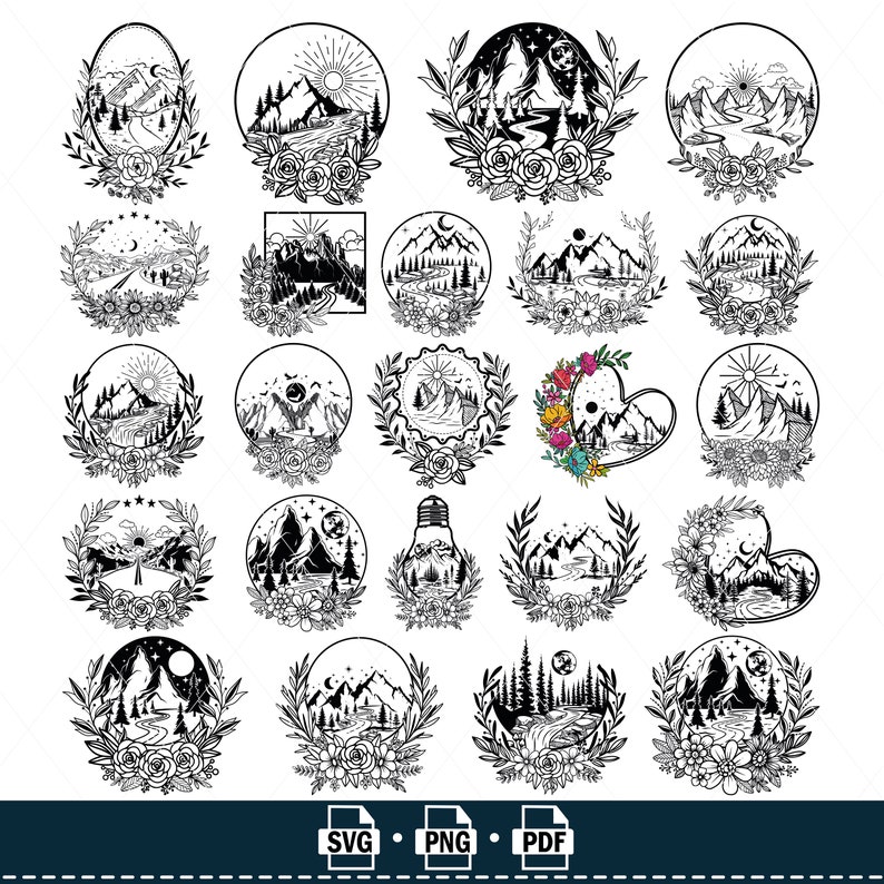 Mountain Landscape SVG Bundle: Floral Nature Clipart (digital Download ...