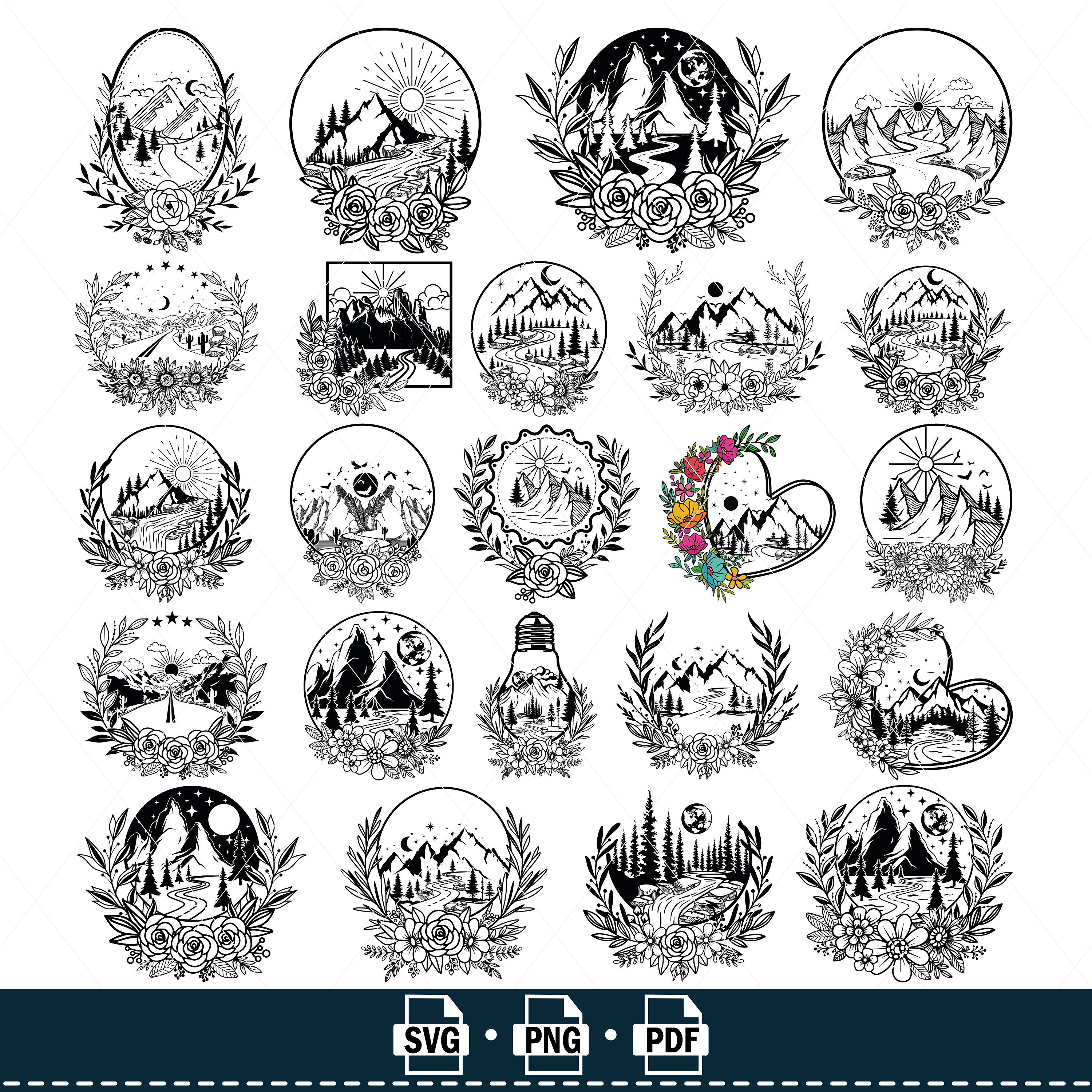 Mountain Landscape SVG Bundle: Floral Nature Clipart (digital Download ...