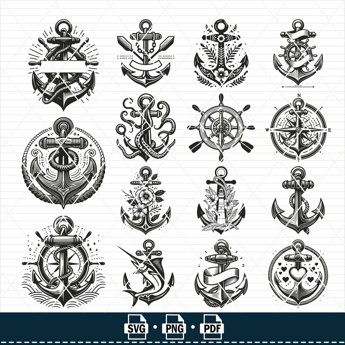 Floral Anchor SVG Bundle: Nautical Clipart, Cricut Silhouette Cut Files ...