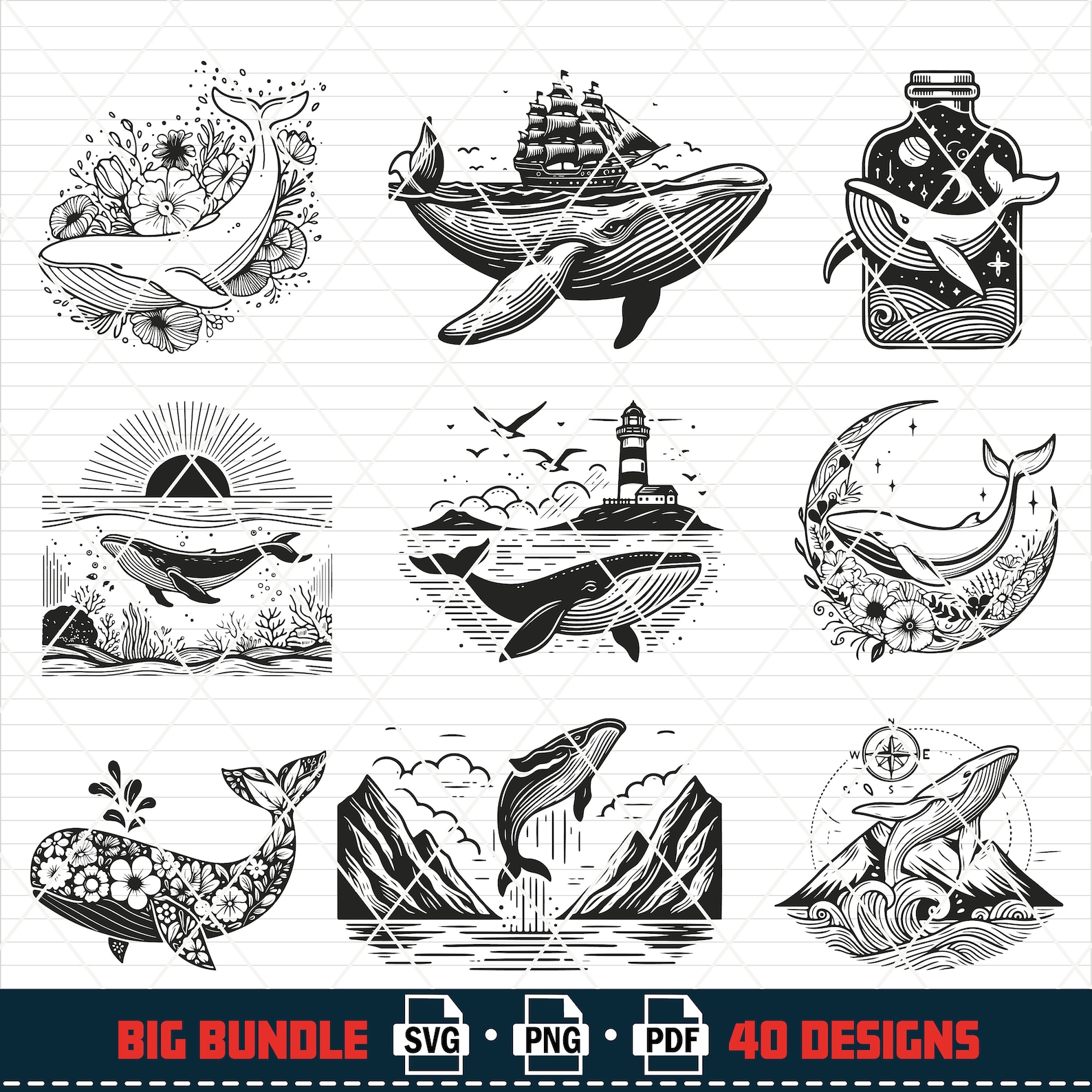 Whale SVG Bundle: Floral, Mushroom, Ocean Designs (digital Files) - Etsy