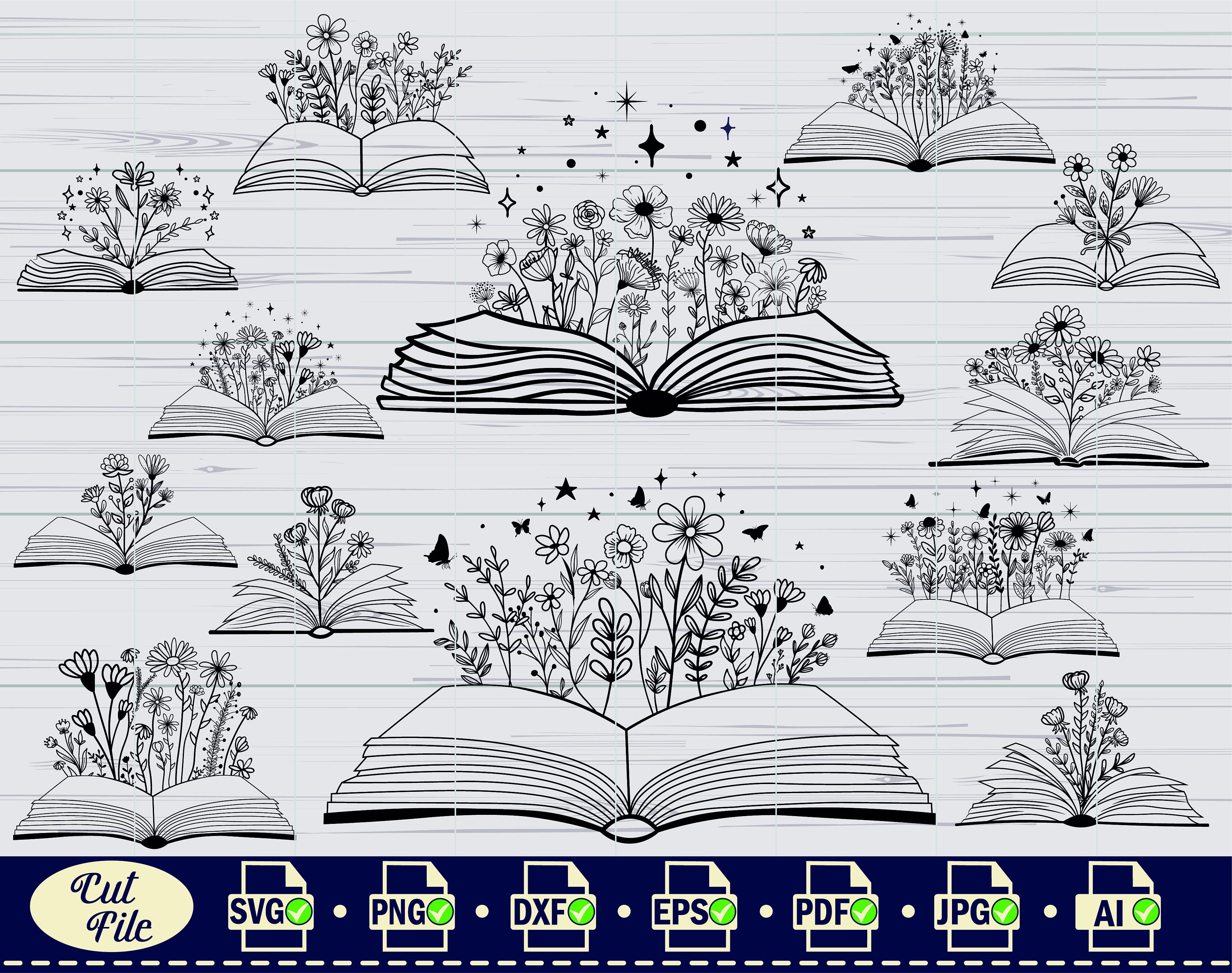 Book With Flower Svg 3 Book Svg Flower Svg Floral Book - Etsy