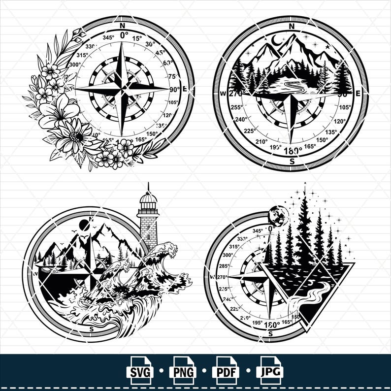 Compass Landscape SVG Bundle: Mountain Tattoo Clipart (digital Files ...