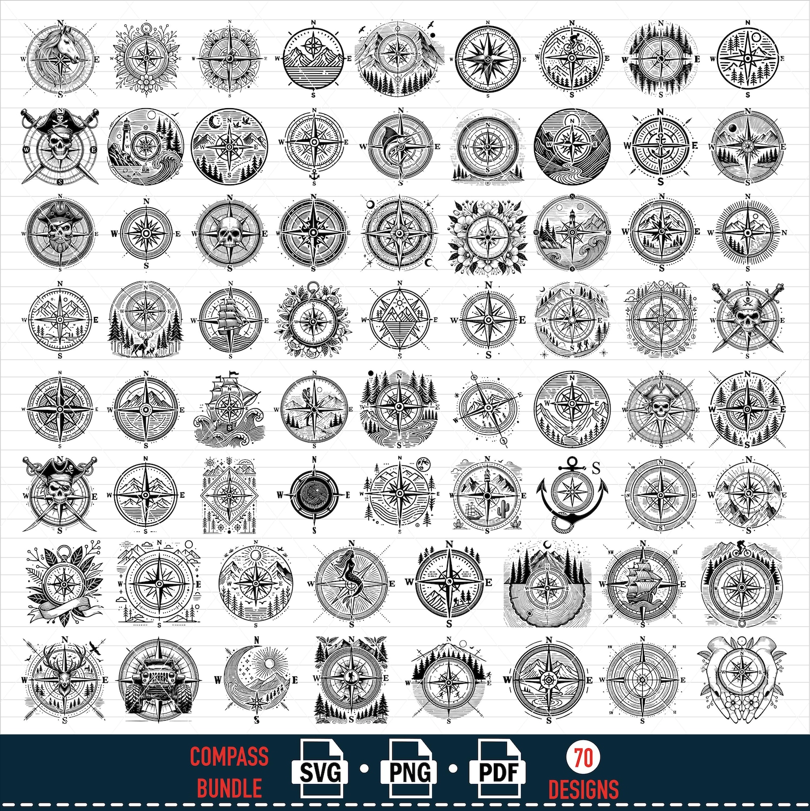 Compass SVG Bundle: Nautical & Scenic Designs (70 Files) - Etsy