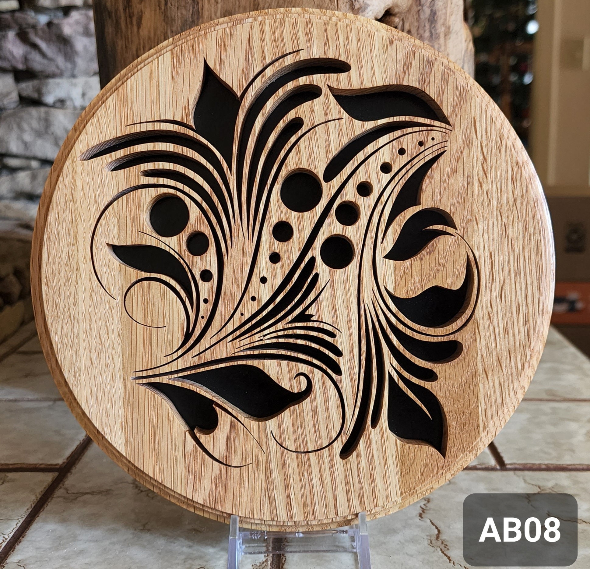 SCROLL SAW PLAQUE With Acrylic Stand. Abstract Floral Art. Red Oak ...