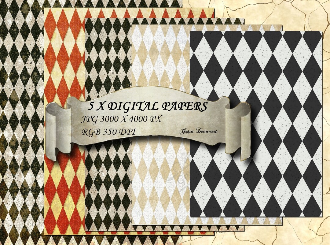 Set of 5 Digital Papers, Cool, Background, Rhombuses, Red, Ecru, White ...