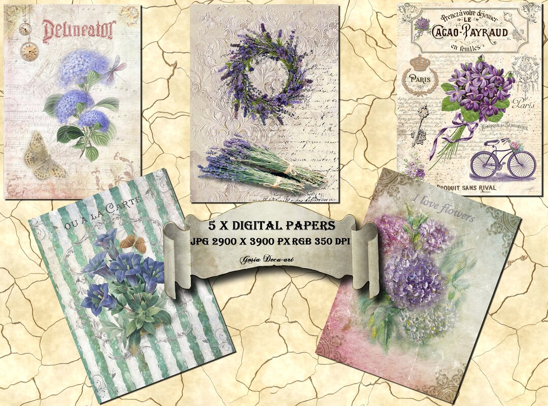 Picturesque 5 Digital Papers With Beautiful Flowers in Purple, Blue, Hydrangea, Lavender ...