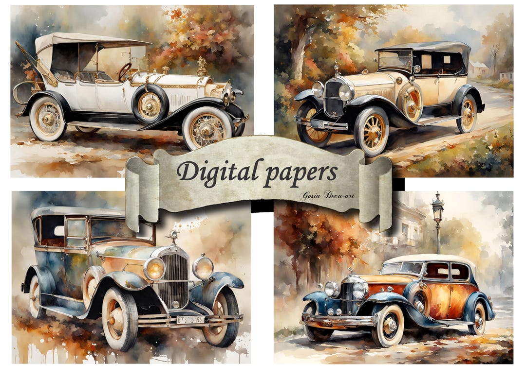 Set of 4 Retro Digital Papers, Depicting Beautiful Old Cars - Etsy