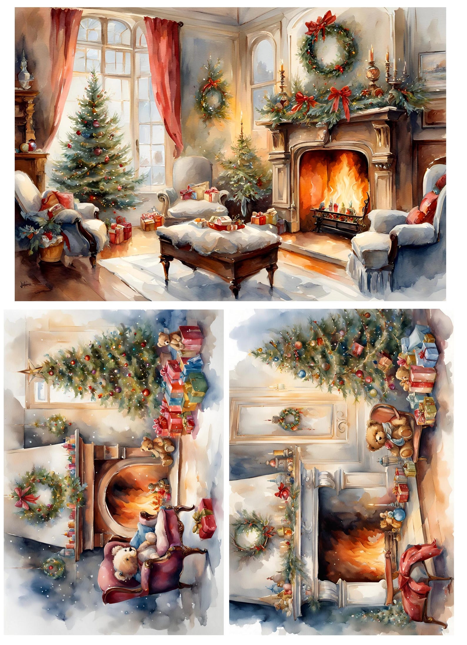 Set of 4 Retro Digital Papers, Wonderful, Picturesque, Christmas Magic ...