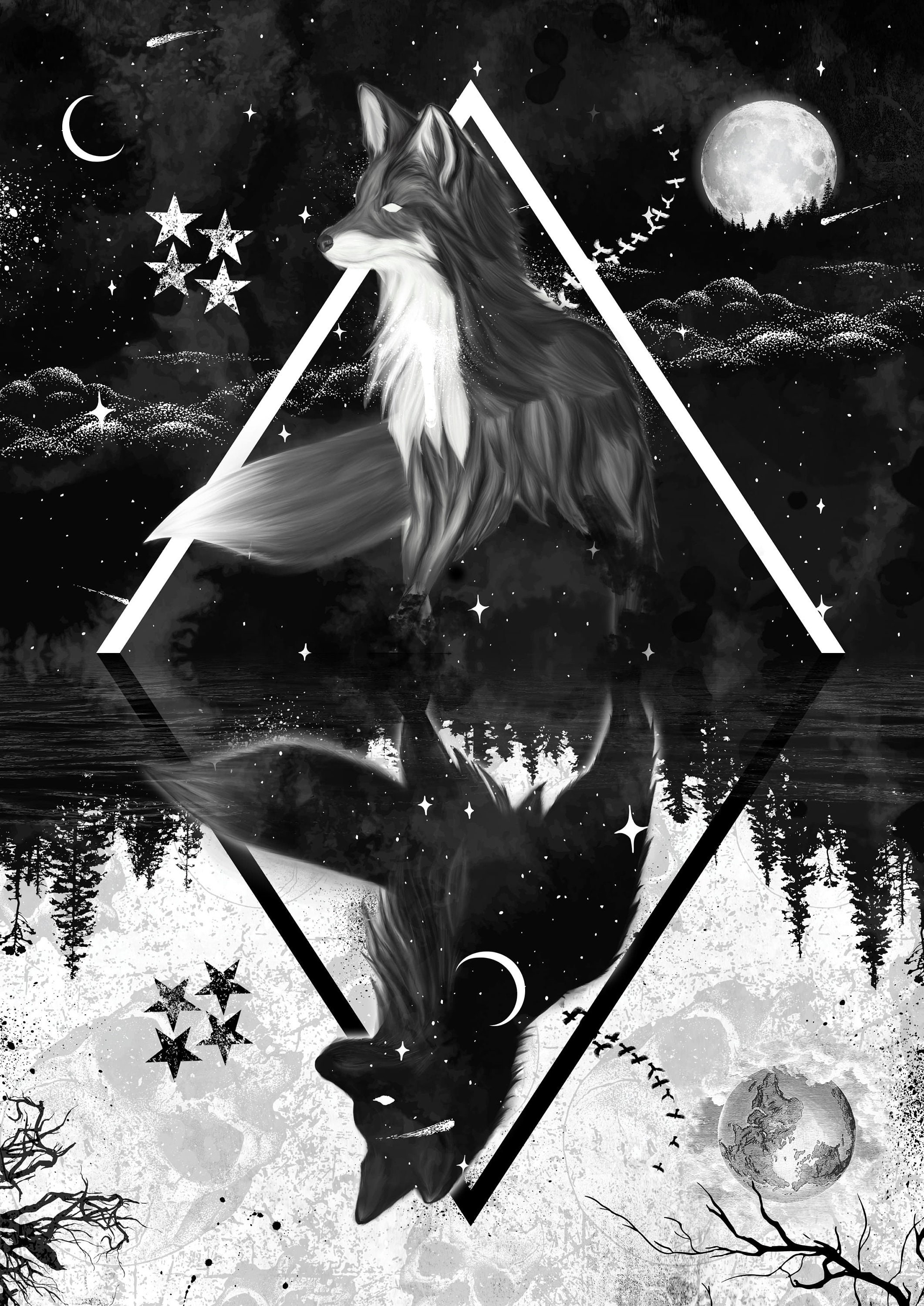 Moon Foxes Kitsune Celestial Fox Print Yokai Wildlife | Etsy