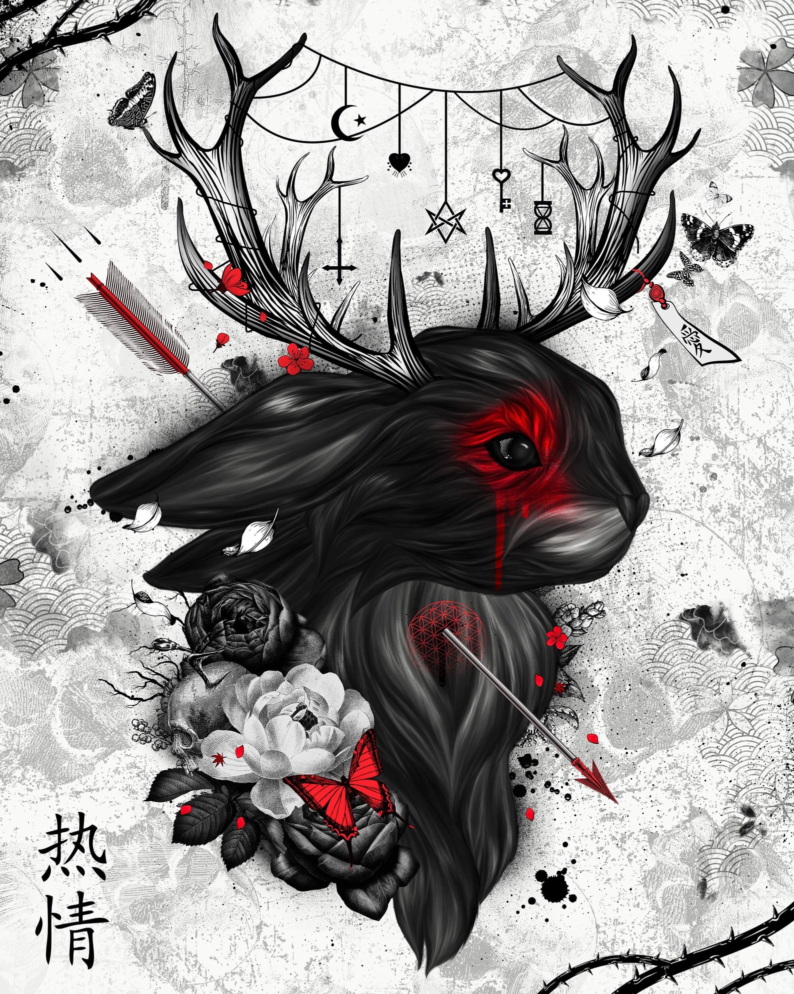 Woven Fate | Jackalope | Gothic Bunny Print | Wildlife | Mythical ...