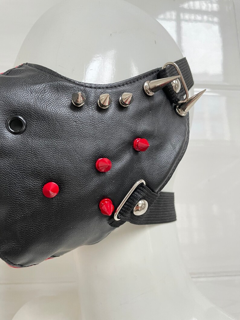 Gothic Leather Face Mask Red and Black Spliced Rivets Breathable Mask ...