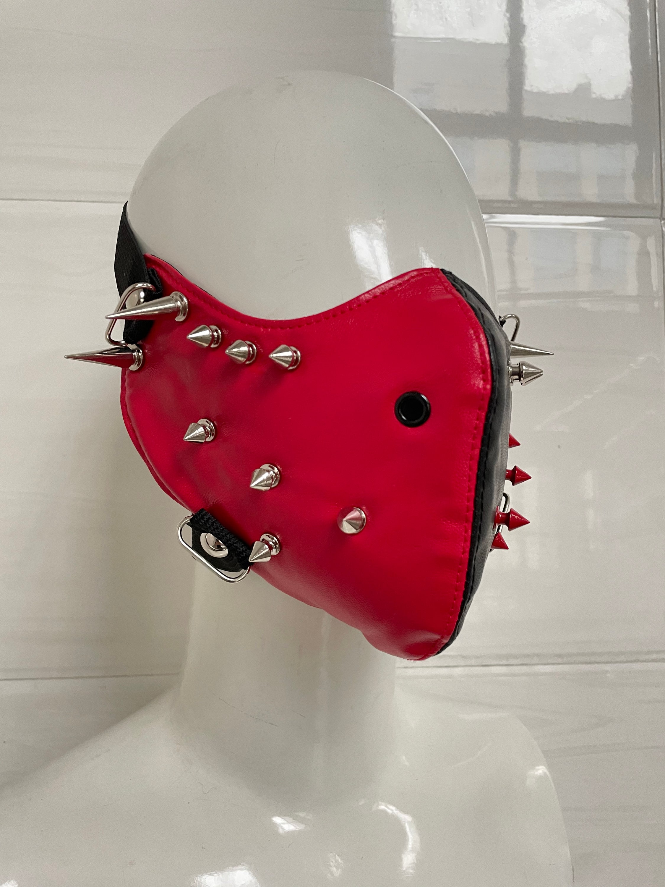 Gothic Leather Face Mask Red and Black Spliced Rivets Breathable Mask ...