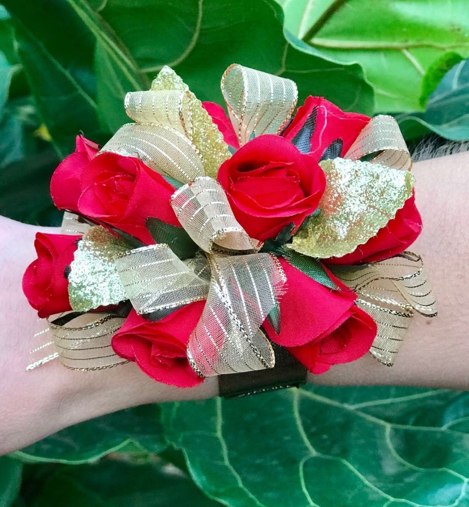Silk Red Rose and Gold Wrist Corsage - Prom Flowers, Prom Corsage ...