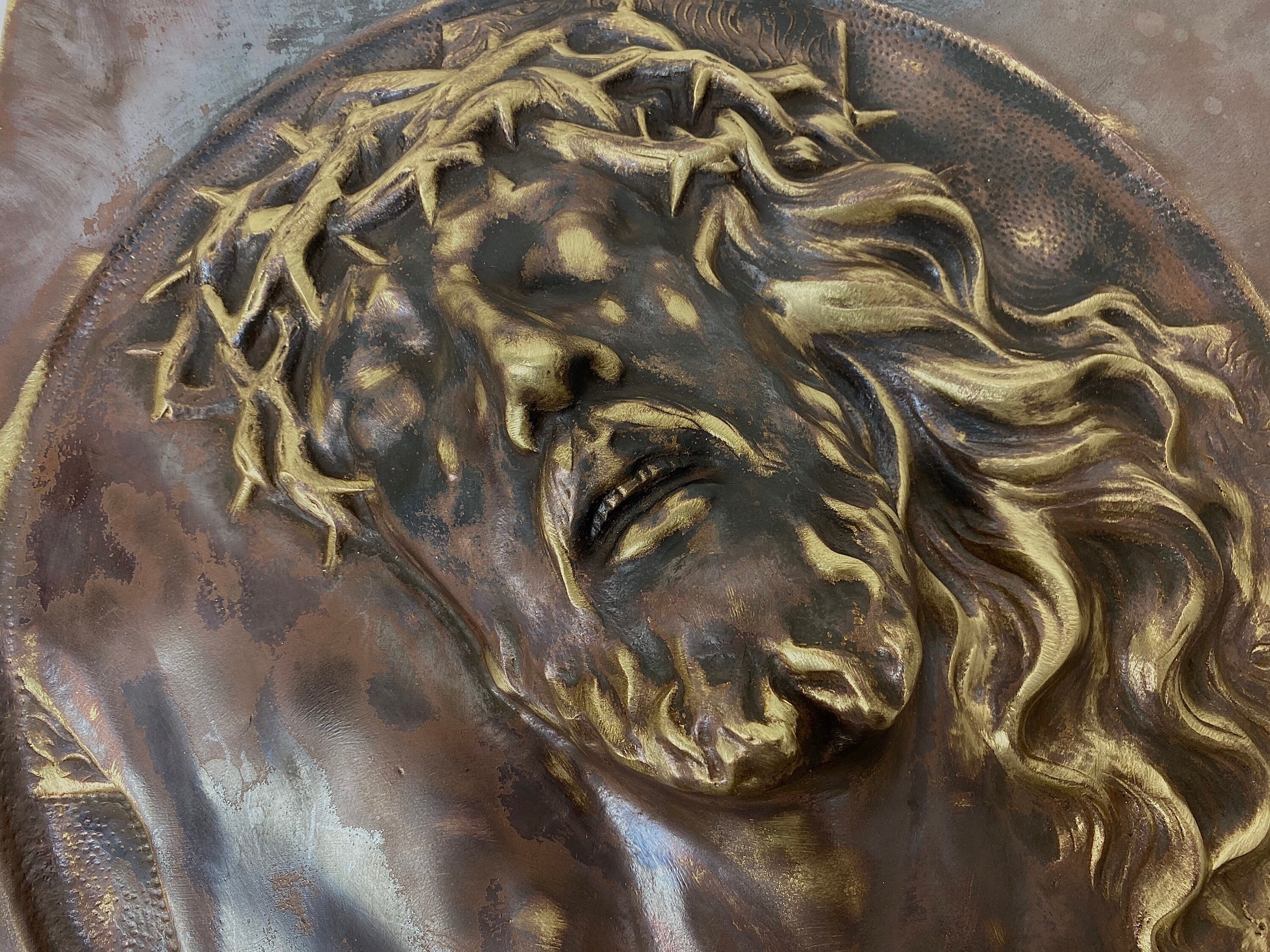 Bronze Wall Plaque Depicting a Suffering Christ in Tears by Sylvain ...