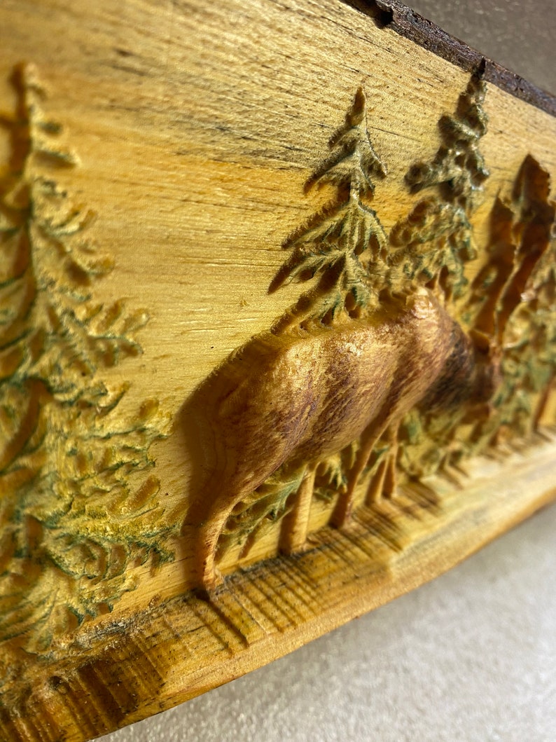 Beautiful Rustic Live Edge 3D Log Elk and Cabin Carving Handmade ...