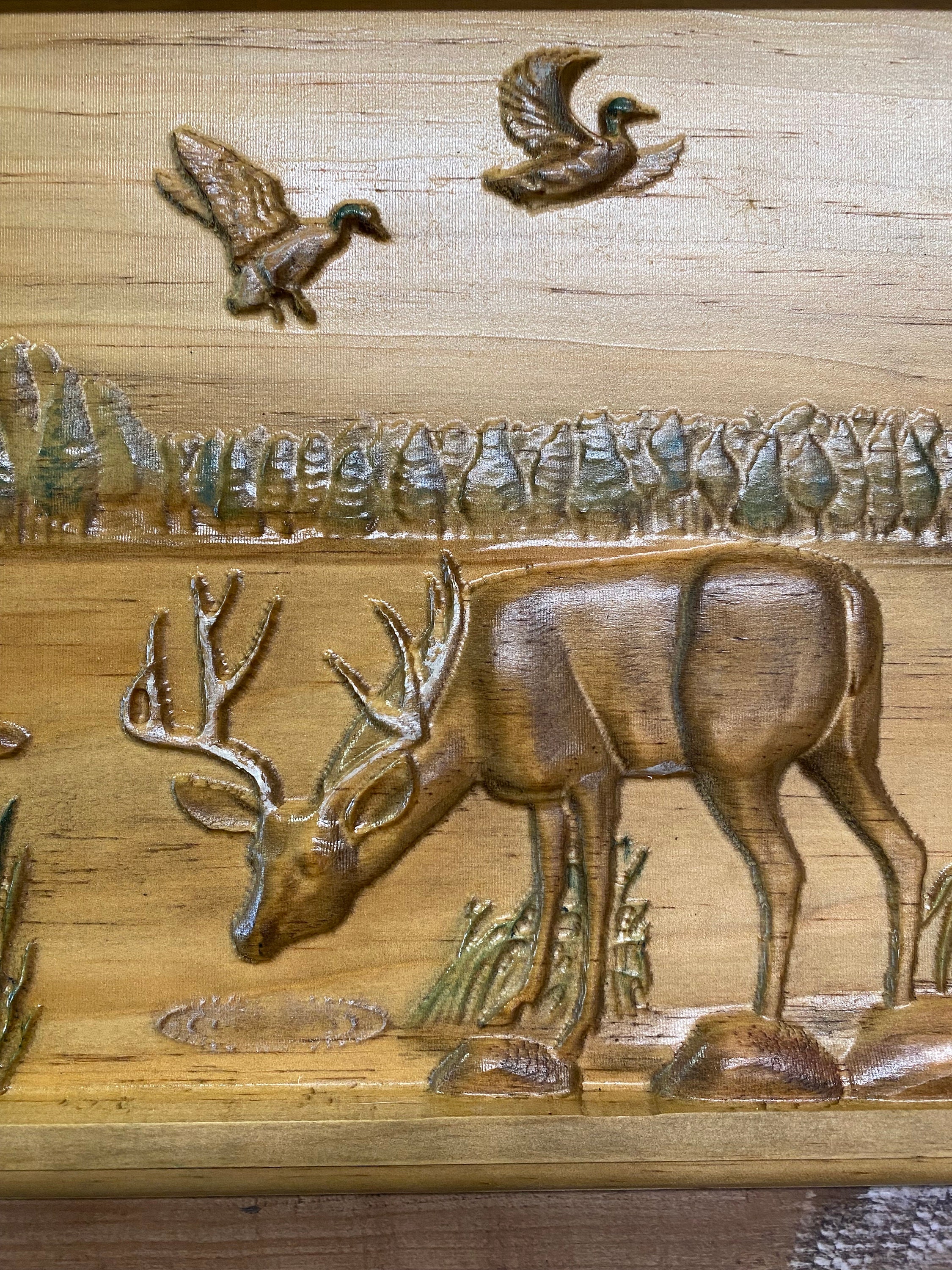 Beautiful Buck and Log Cabin Carved on One Piece of Pine Wood. With ...