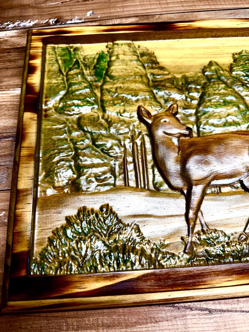 XL Wood Carving Painting: Deer, Stream, Epoxy Resin Art - Etsy