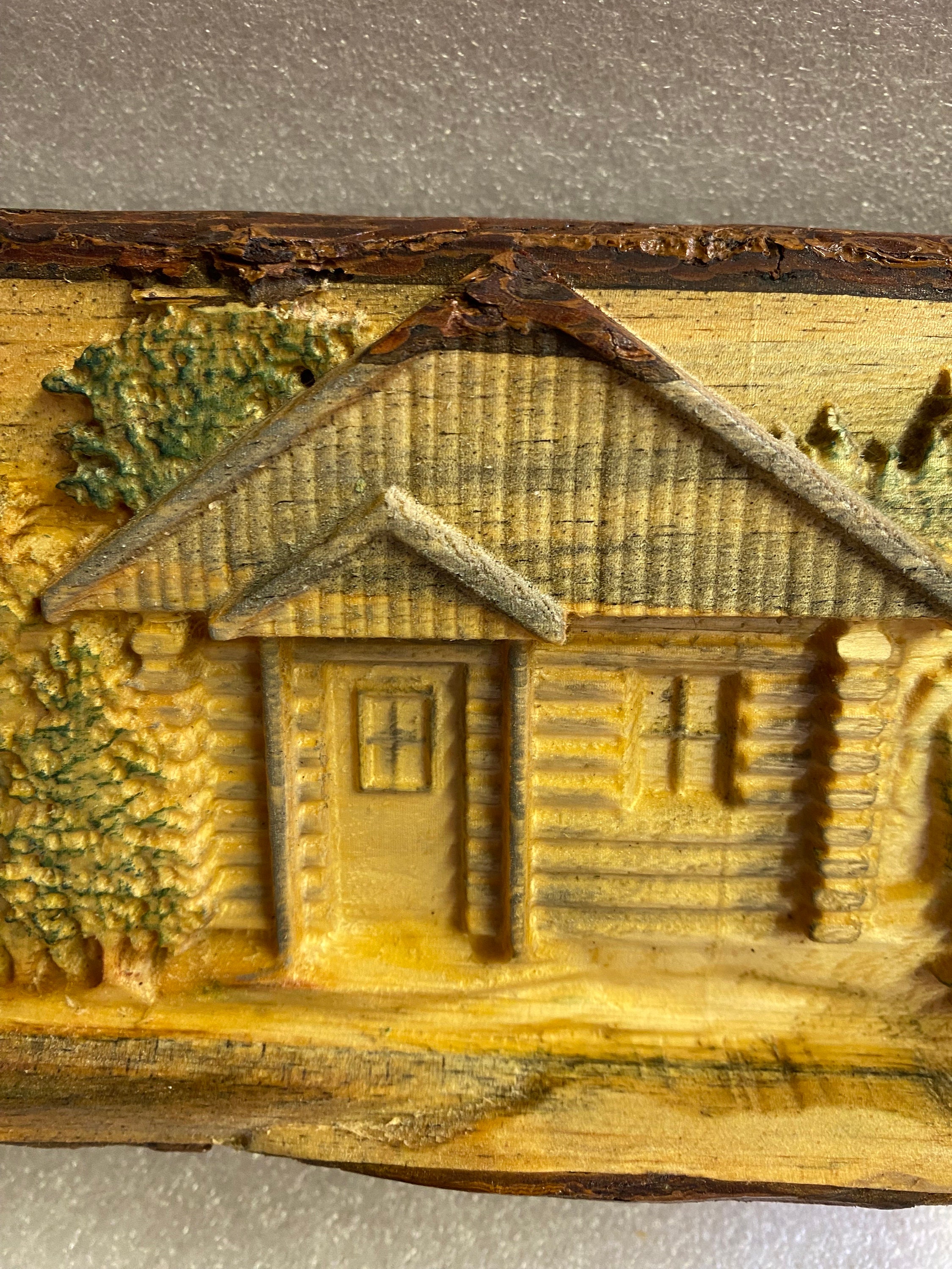 Beautiful Rustic Live Edge 3D Log Elk and Cabin Carving Handmade ...