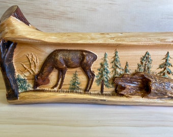 LARGE LOG CARVING Rustic Live Edge 3D Carved Bear and Deer on - Etsy