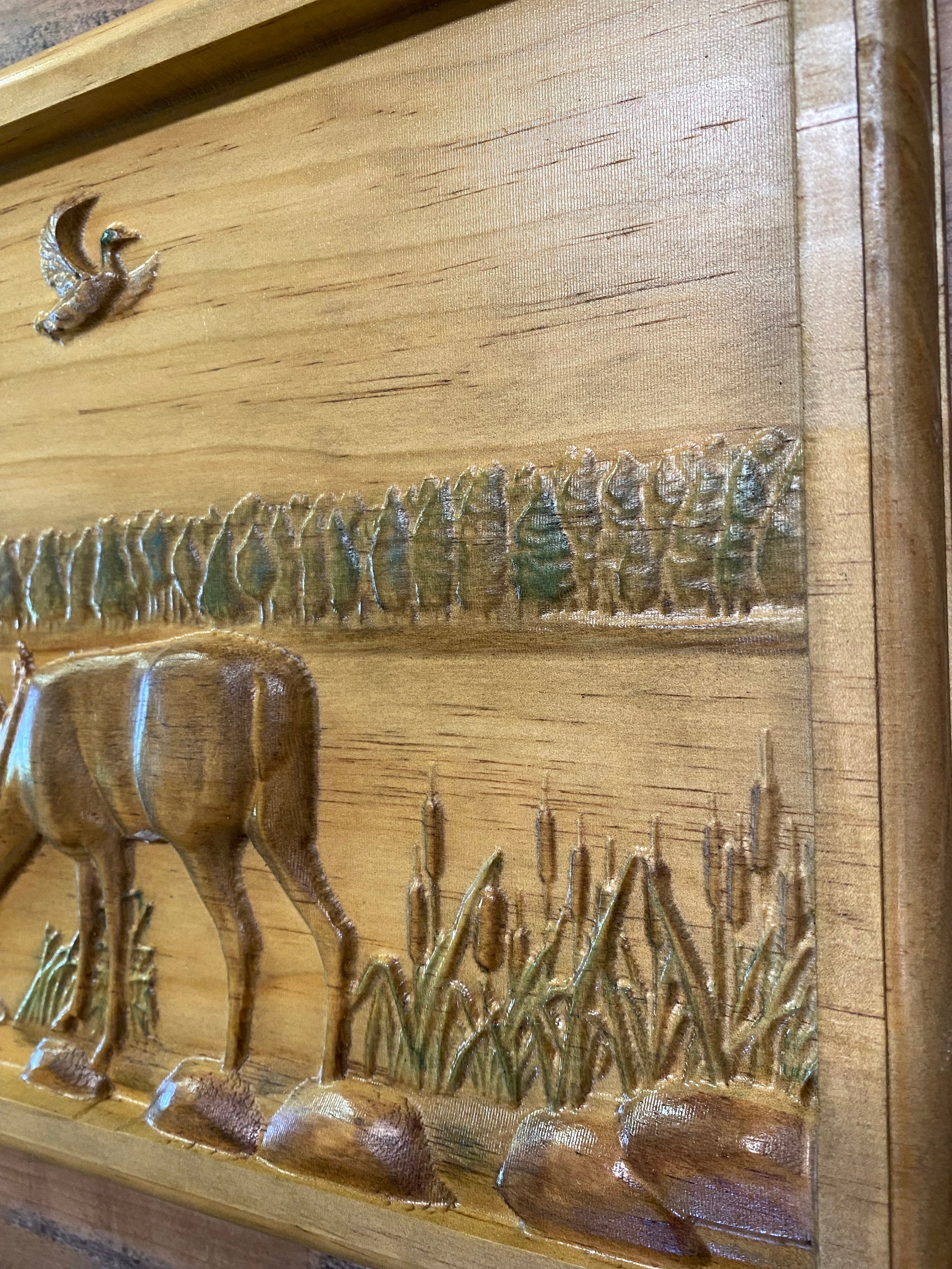 Hand-painted Buck and Log Cabin Wood Carving: Lake Scene - Etsy