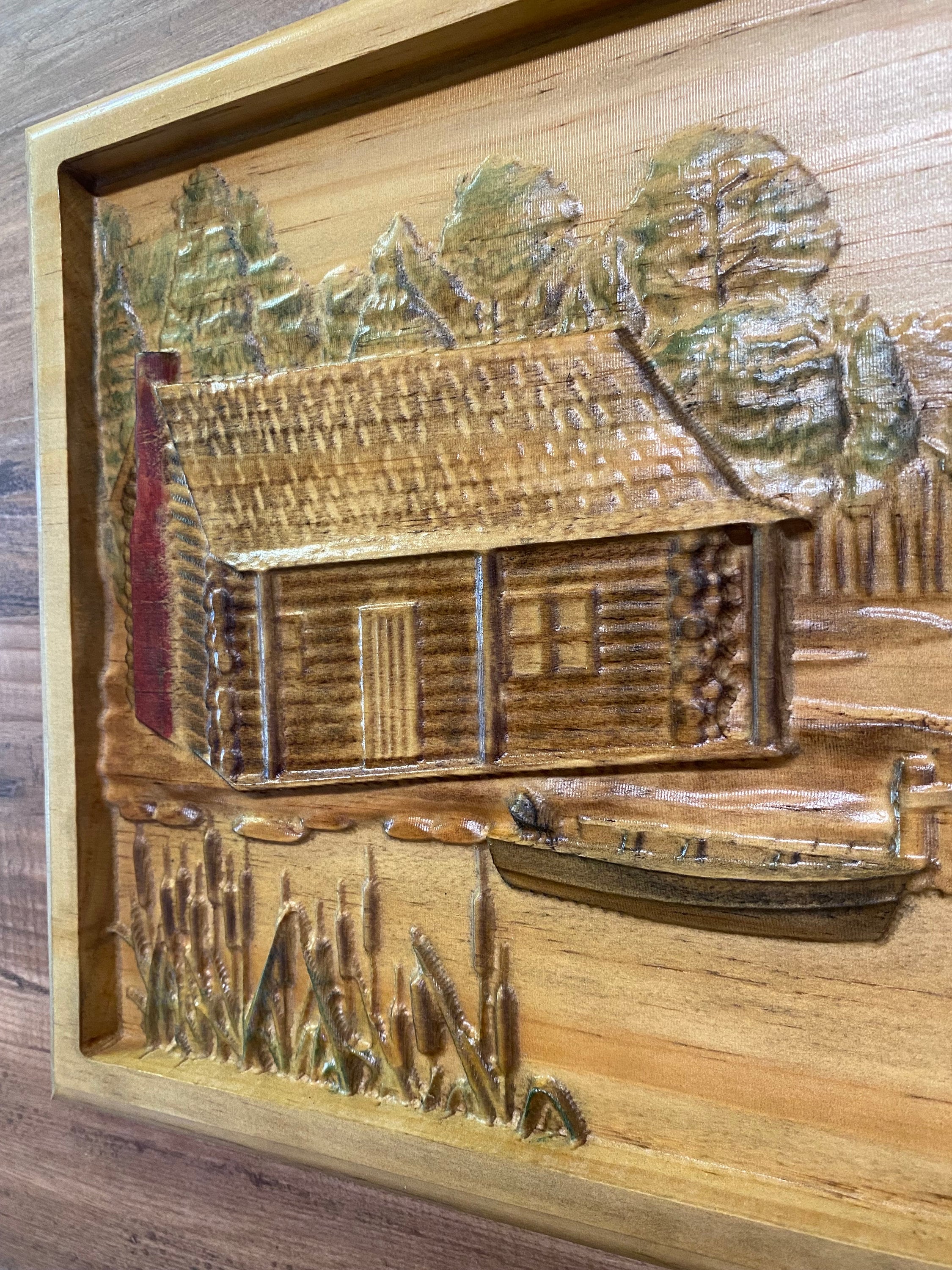 Beautiful Buck and Log Cabin Carved on One Piece of Pine Wood. With ...