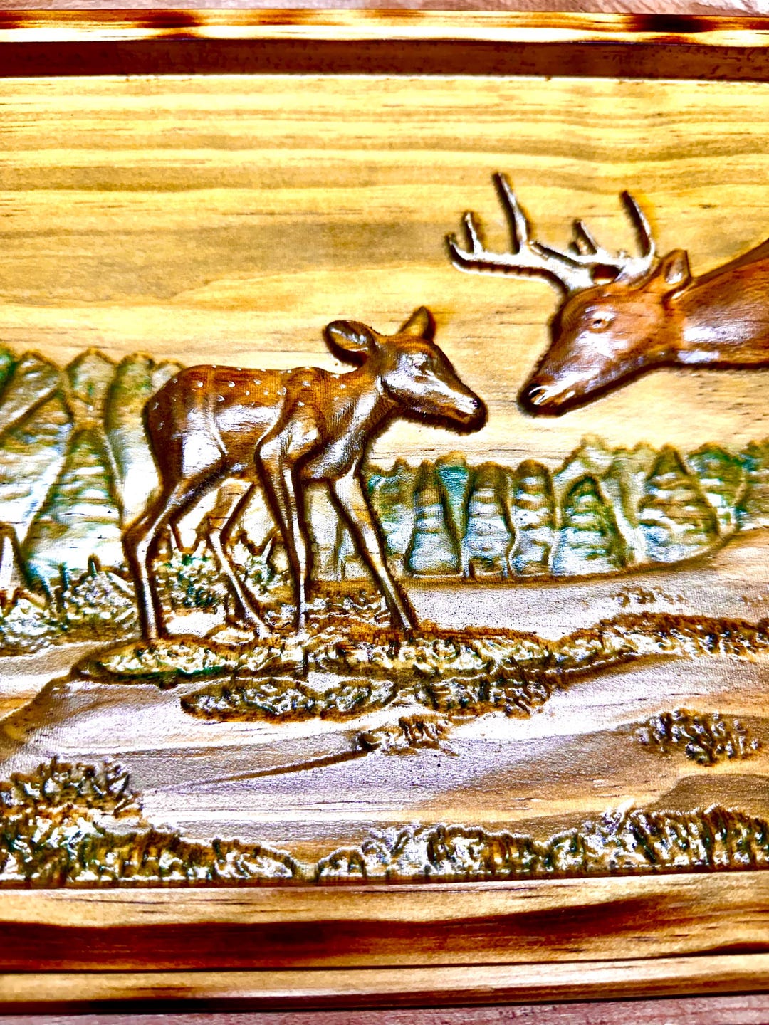 XL Wood Carving Painting: Deer, Stream, Epoxy Resin Art - Etsy