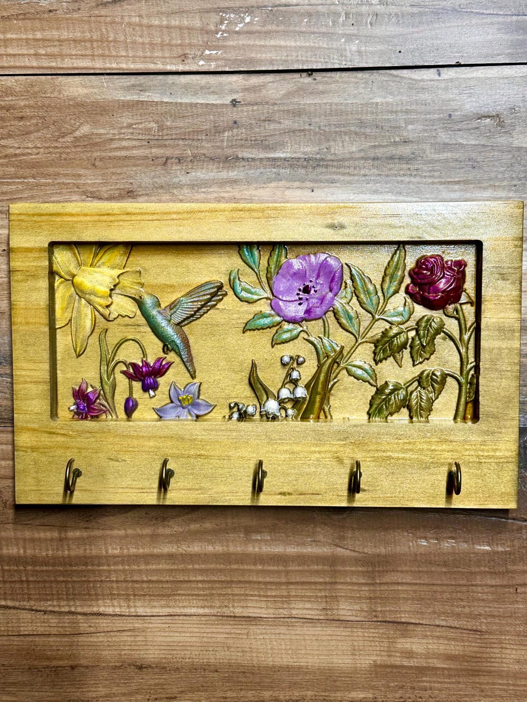 Rustic 3d Wood Carved Key Holder Wall Art Carving Hand Painting Picture ...