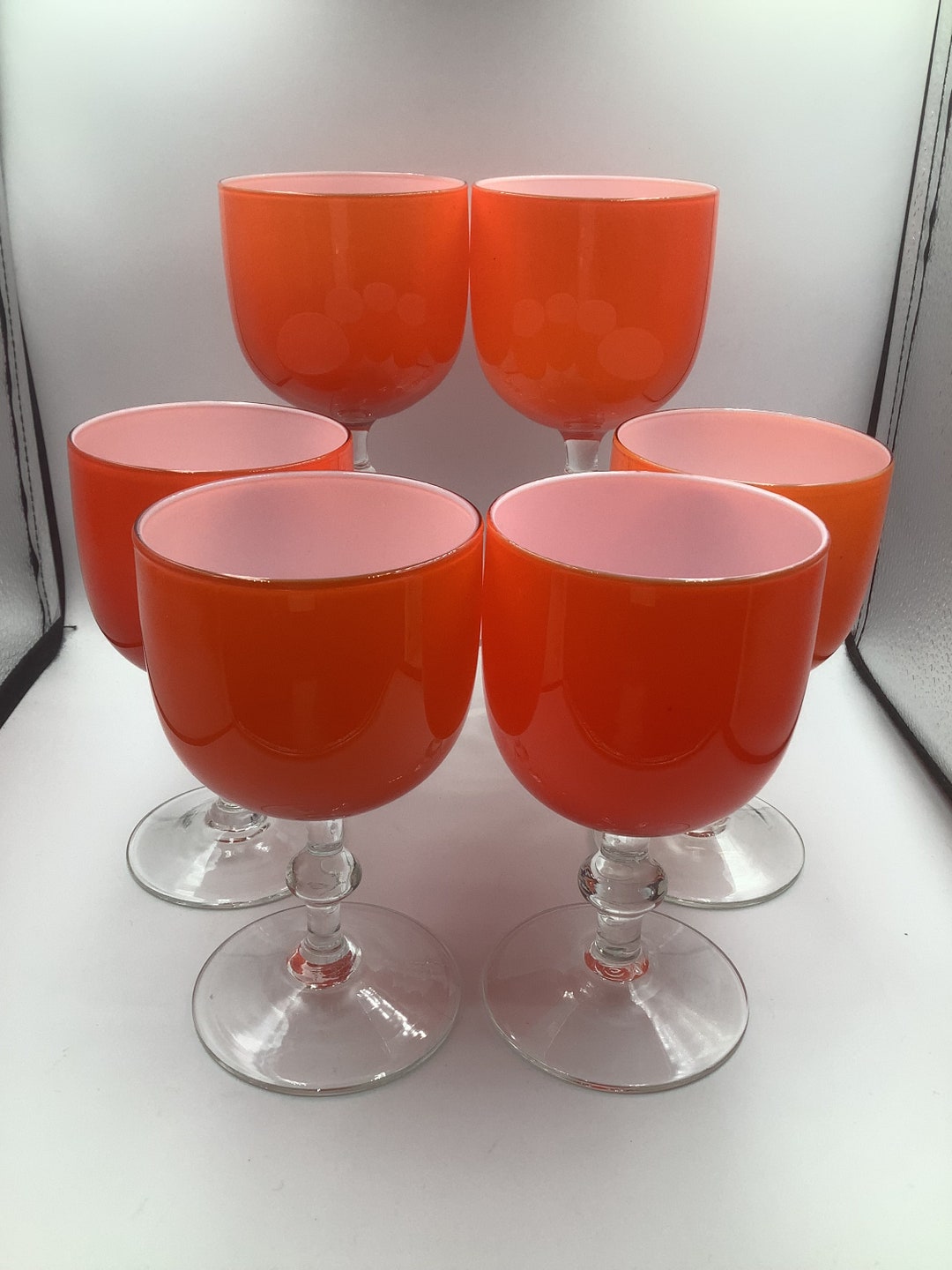 Set of 6 Carlo Moretti Italy Orange Cased Glass Wine Glasses Goblets ...