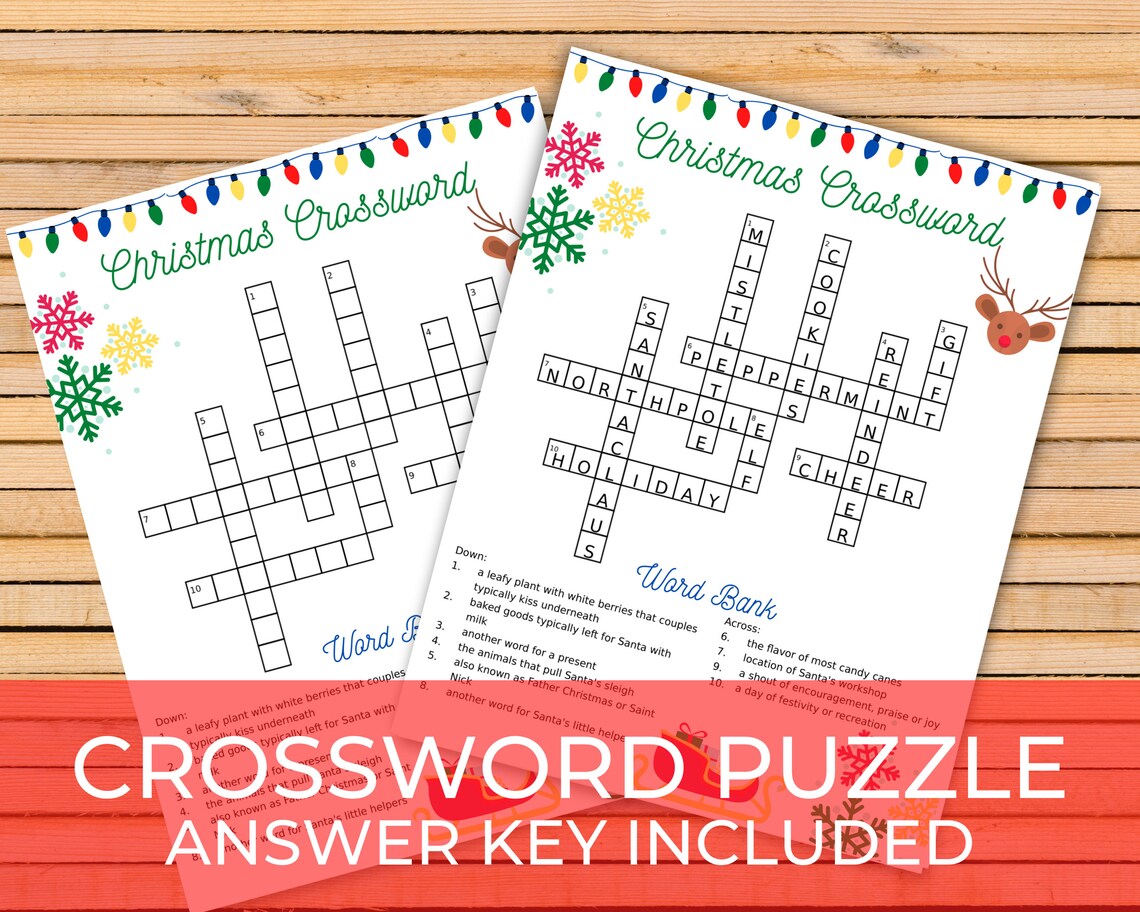 Christmas Crossword Puzzle - Printable Christmas Game - Instant Digital ...