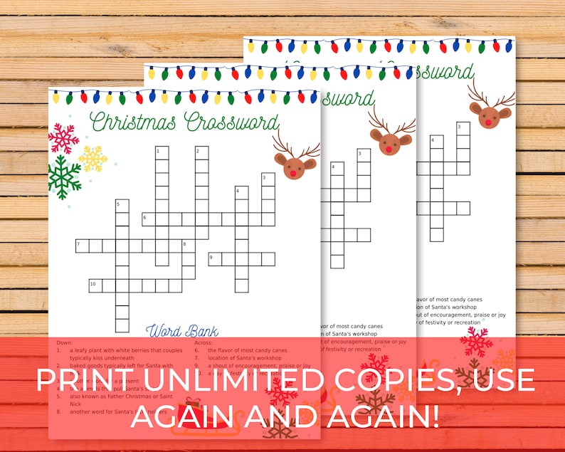 Christmas Crossword Puzzle - Printable Christmas Game - Instant Digital ...