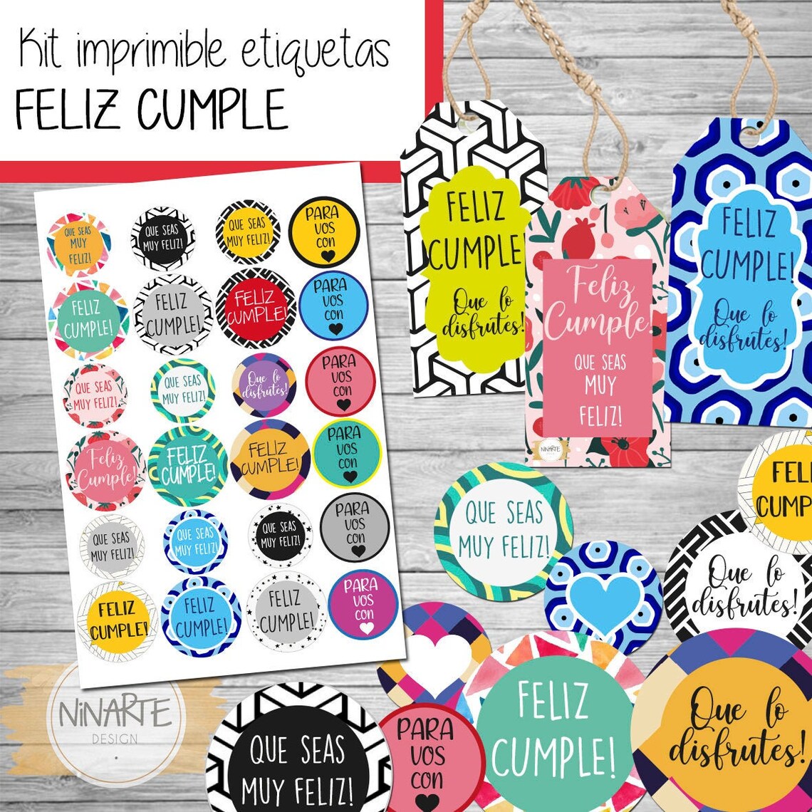 Kit imprimible etiquetas y tags feliz cumple tarjeta cumpleaños ...