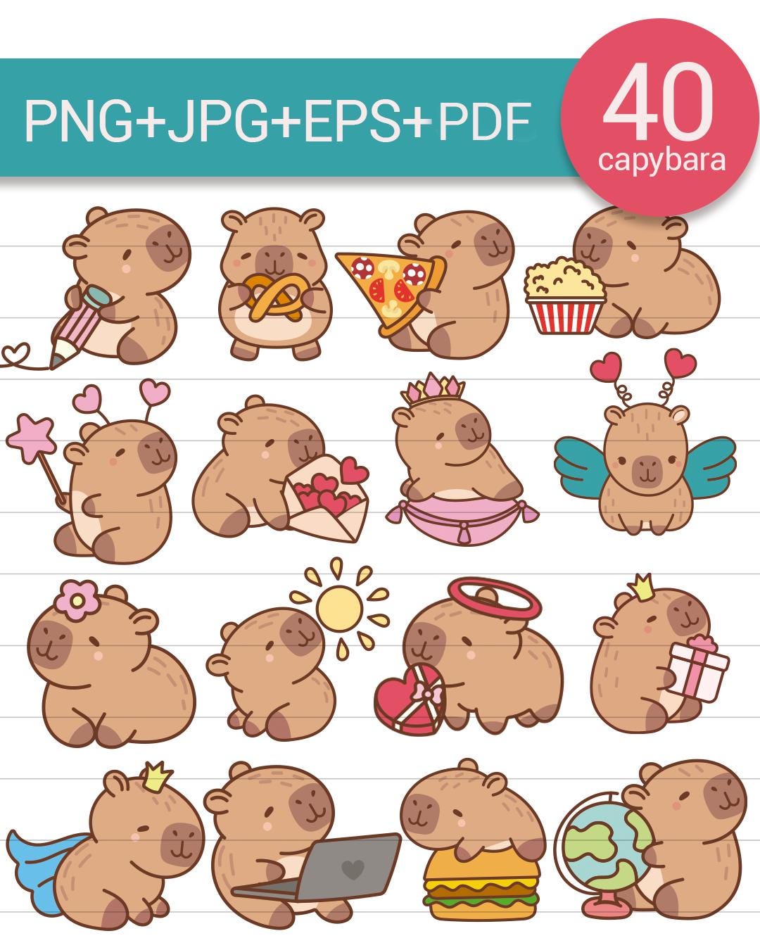 Capivara PNG EPS JPG Conjunto de ilustrações de animais kawaii ...