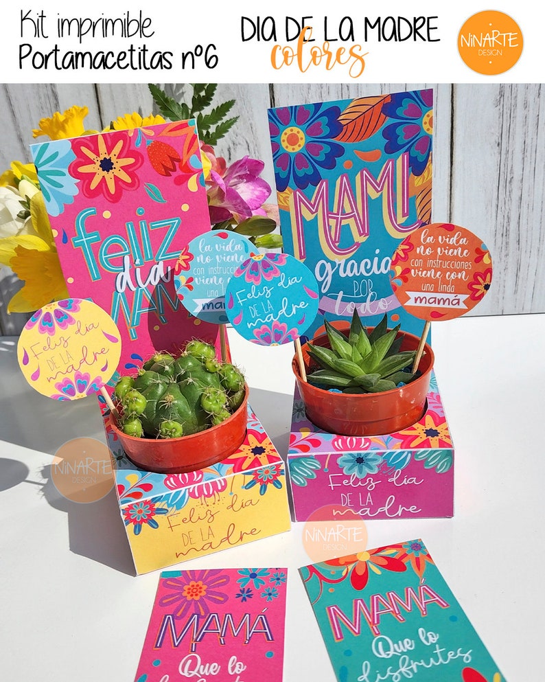 Kit imprimible porta macetas dia de la madre colores - Etsy México