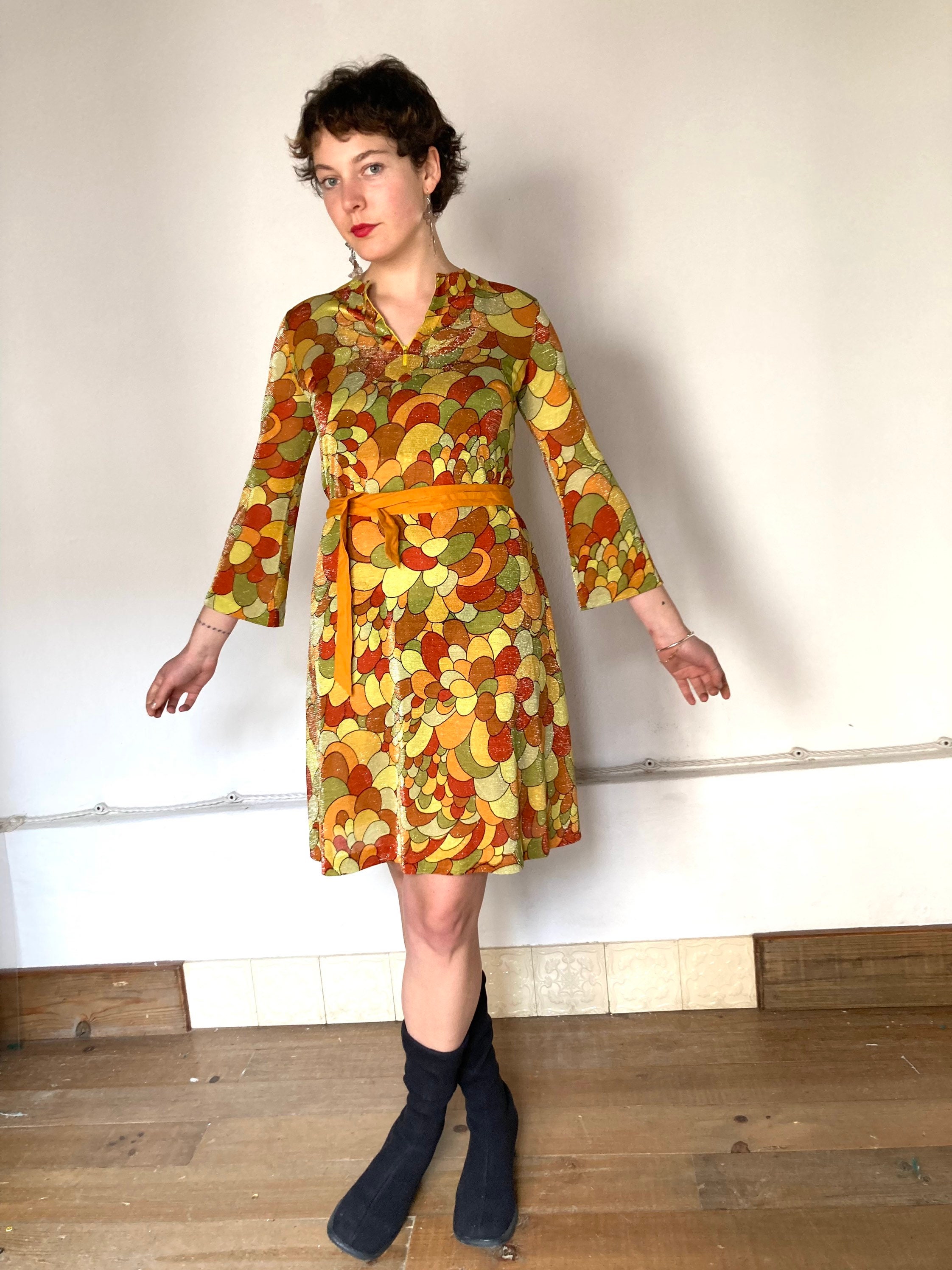 1960 S Mod Go Go Girl Lamé Metallic Psycadelic Flower Power Floral ...